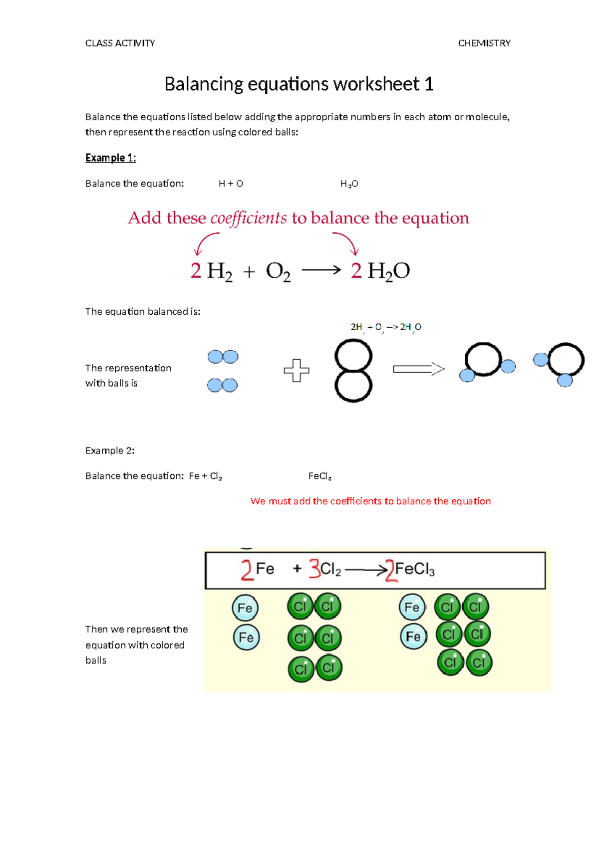 Balancing equations worksheet 1 - CLASS ACTIVITY CHEMISTRY Balancing ...