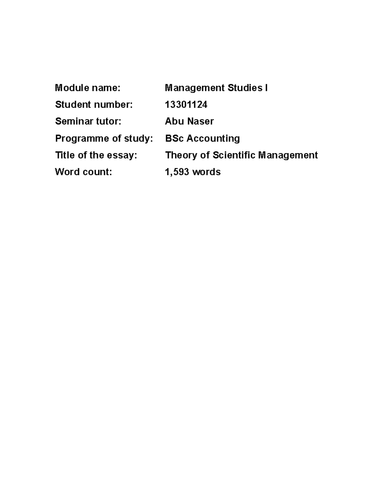 MSI Coursework - Module name: Management Studies I Student number ...