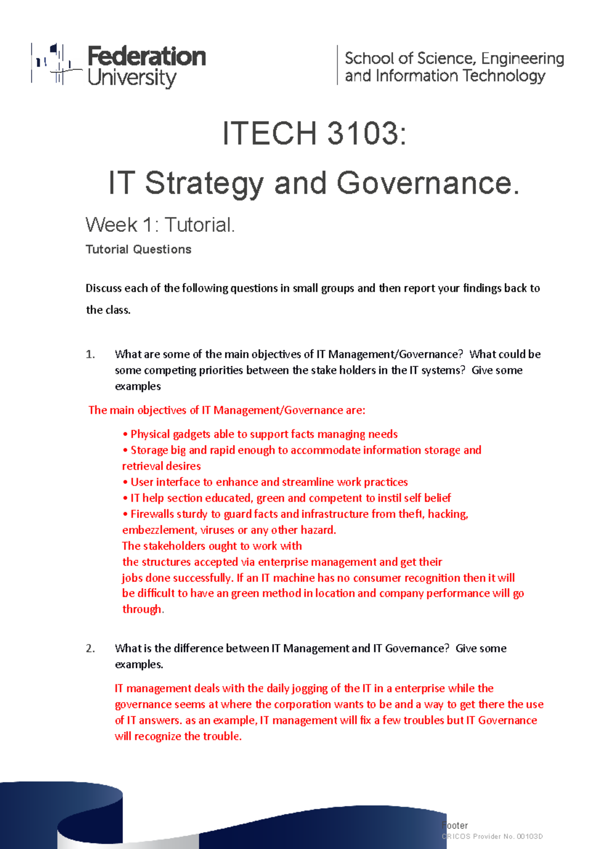 Lab1 - tutorial work with answers - ITECH 3103: IT Strategy and ...