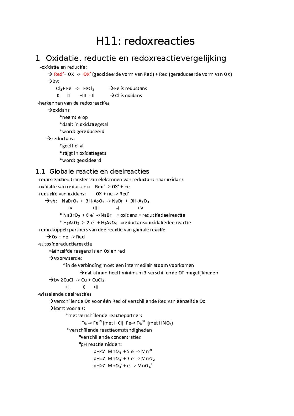 H11 redoxreacties - samenvatting - H11: redoxreacties 1 Oxidatie ...