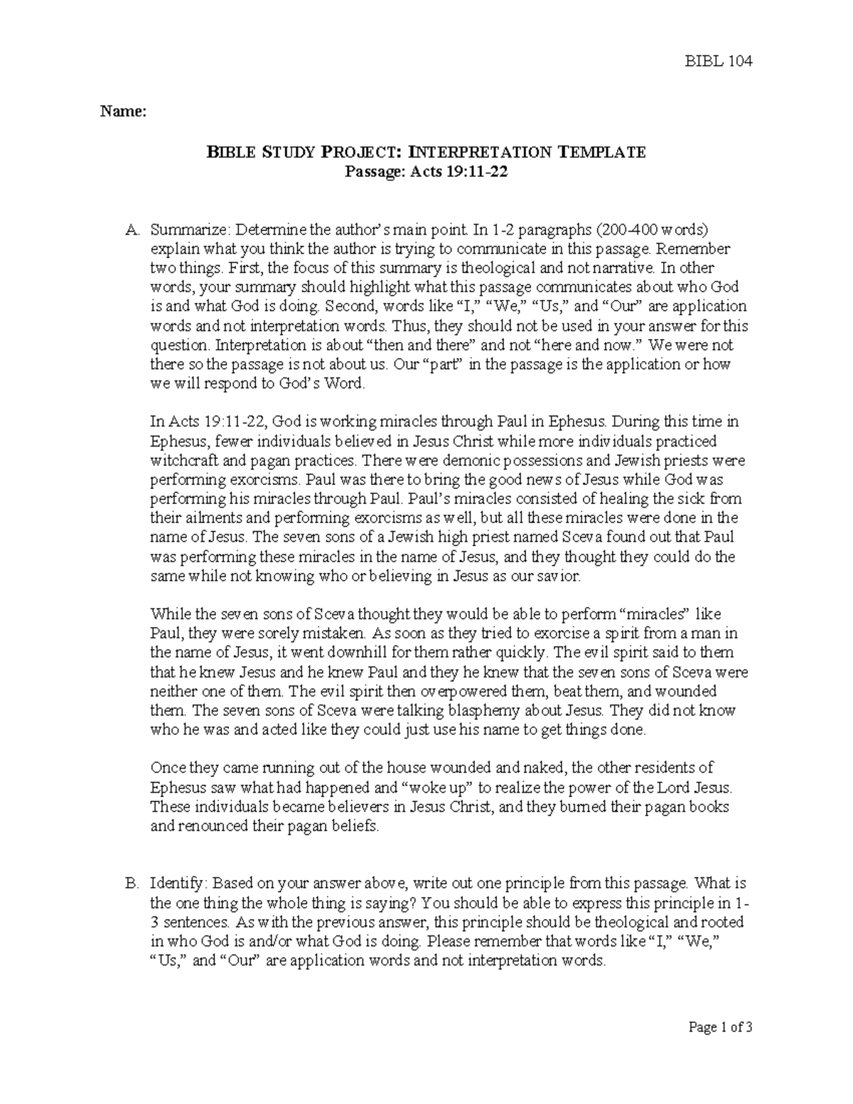 Bible Study Project Interpretation - BIBL 104 Name: BIBLE STUDY PROJECT ...