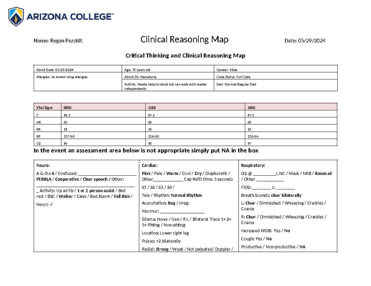Critical Thinking Map #1 Adult Health - Critical Thinking and Clinical ...