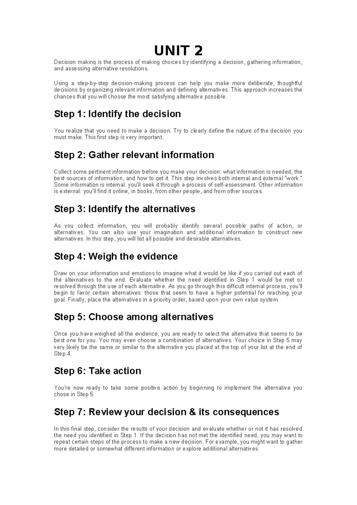 BI UNIT 2 & 3 - UNIT 2 & 3 - UNIT 2 Decision making is the process of ...