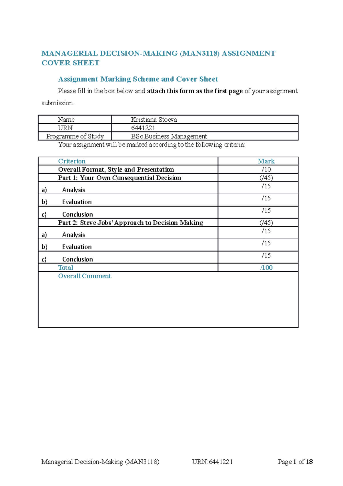 Managerial Decision Making Assesment - MANAGERIAL DECISION-MAKING (MAN3118) ASSIGNMENT COVER ...