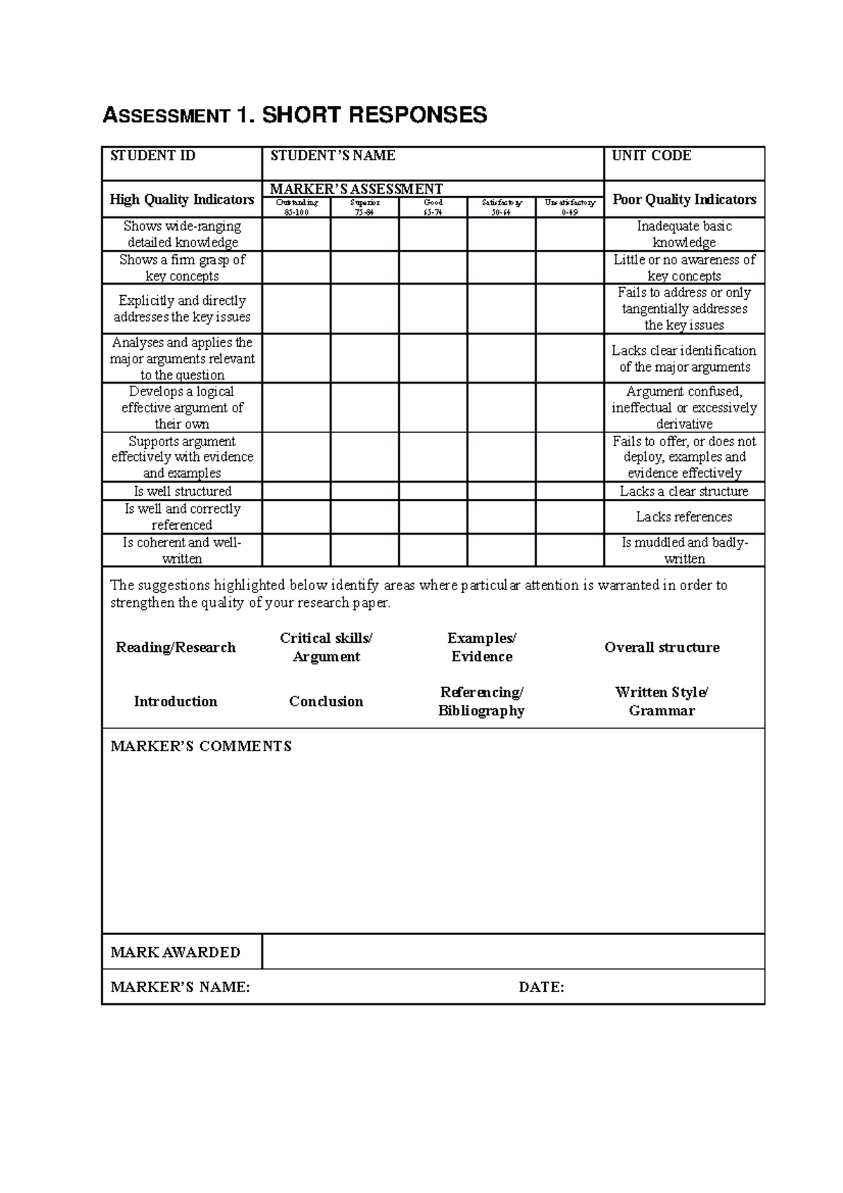 Assessment 1 Short Response Marking Matrix - ASSESSMENT 1. SHORT ...