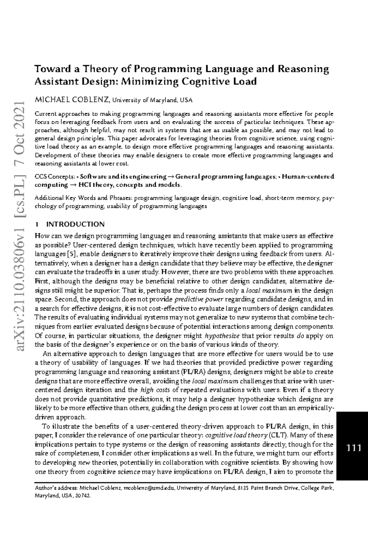 Case Study Toward a Theory of Programming Language and Reason - arXiv:2110 [cs] 7 Oct 2021 111 ...