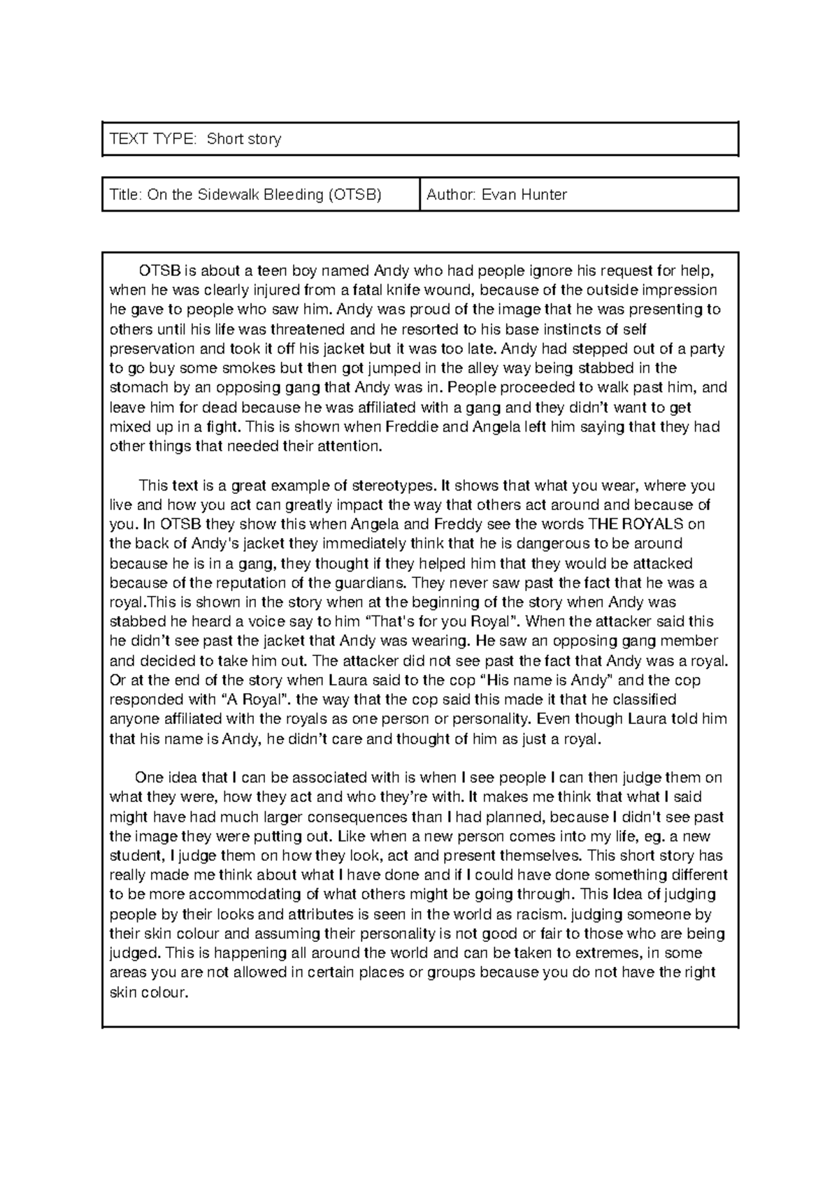 a study of animals - TEXT TYPE: Short story Title: On the Sidewalk ...