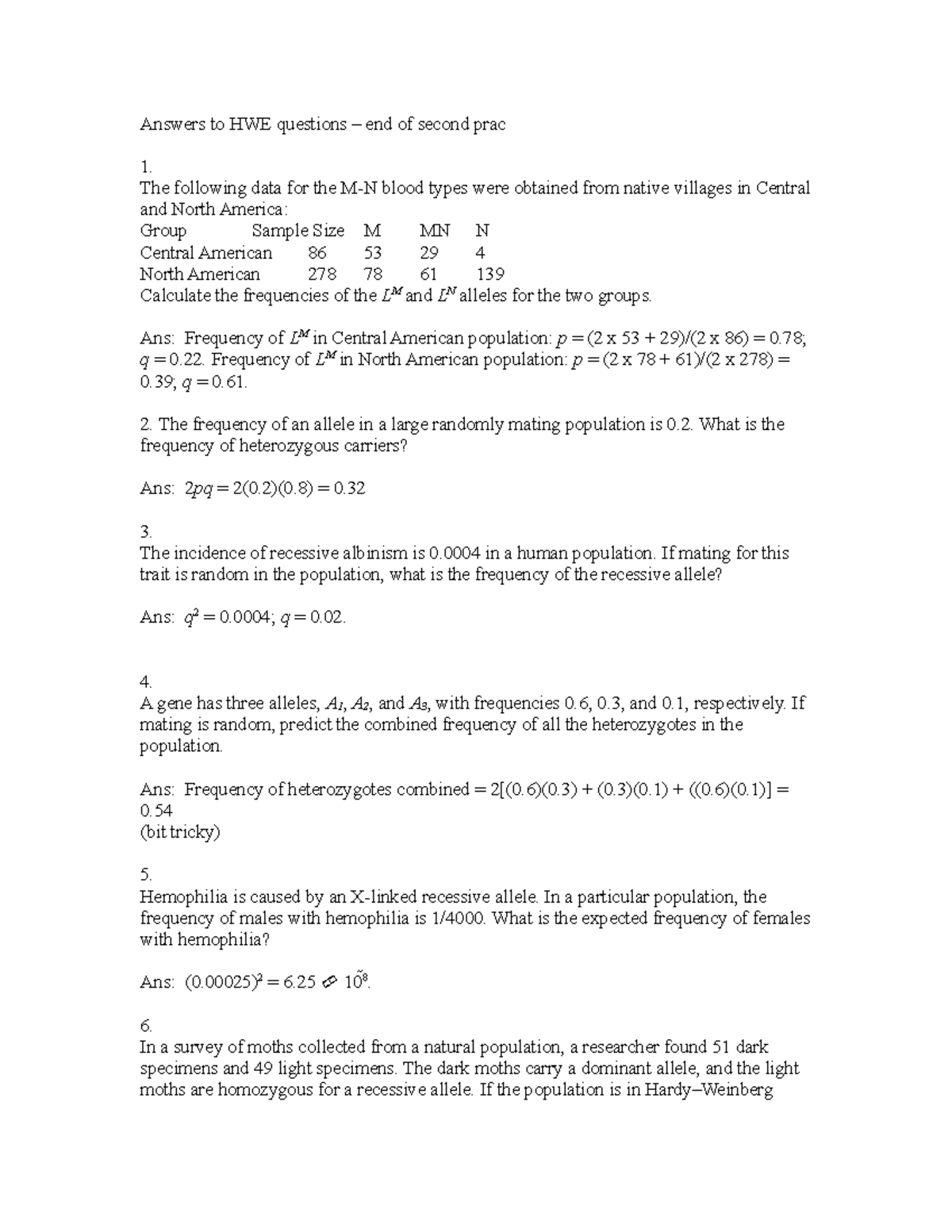 HWE Answers - Solutions for Revision Questions - Genetics - Answers to ...
