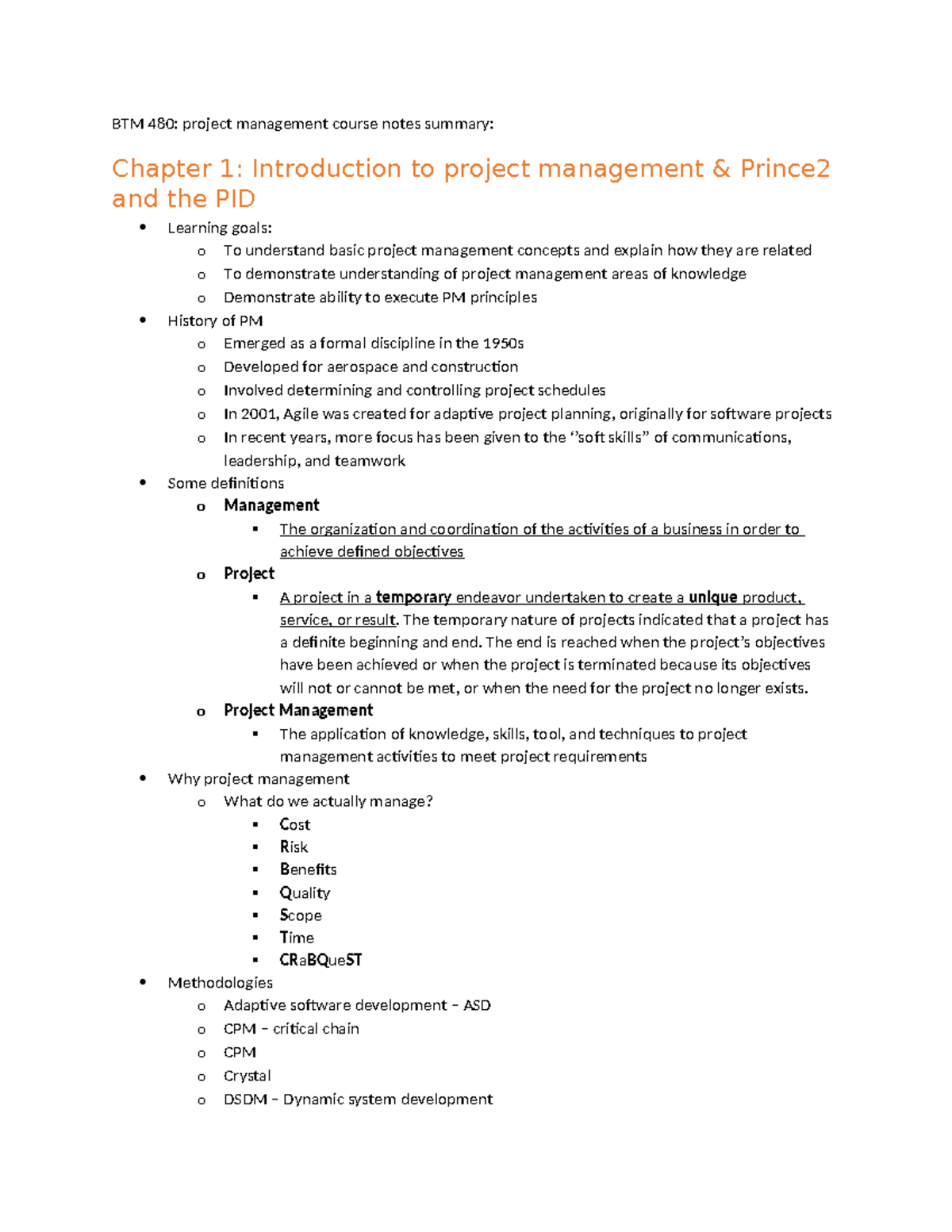 BTM 480 course notes summary - BTM 480: project management course notes ...