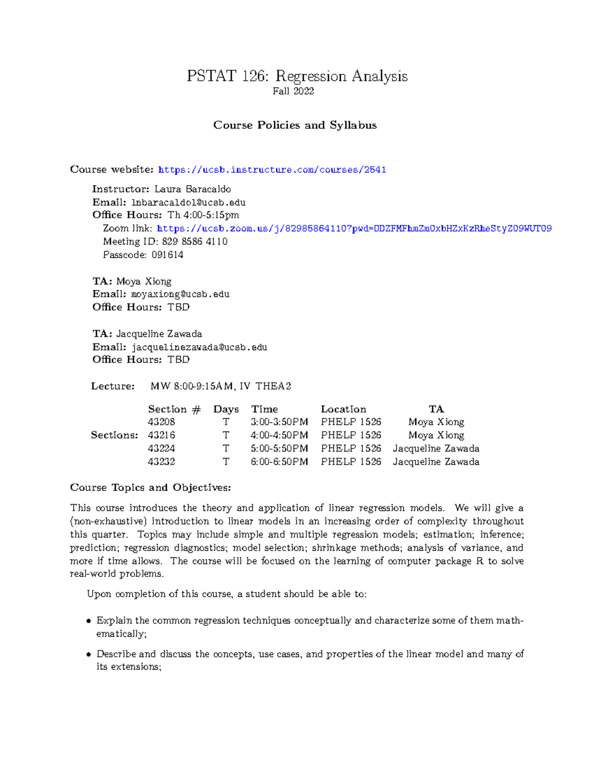 Syllabus STAT126 W23 - PSTAT 126: Regression Analysis Fall 2022 Course Policies and Syllabus ...