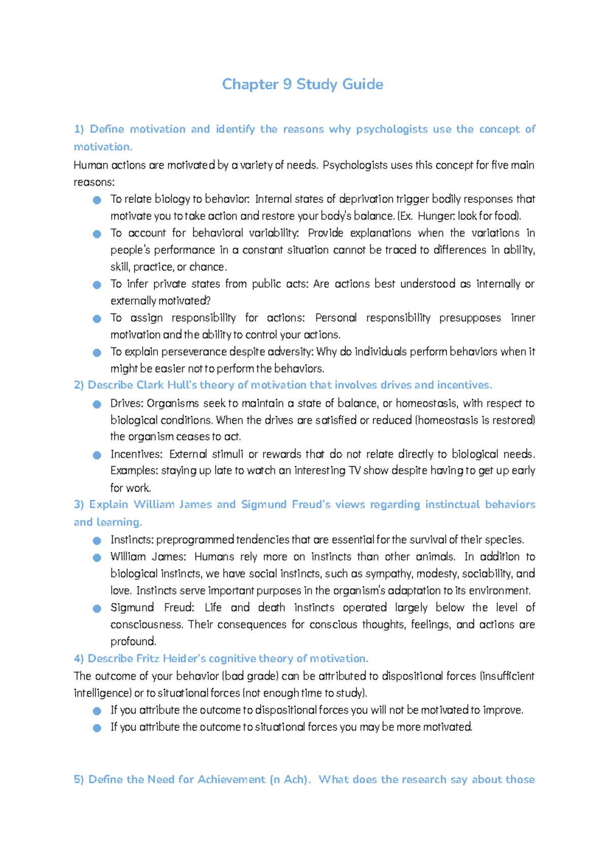 Chapter 9 Study Guide - Chapter 9 Study Guide Define motivation and ...