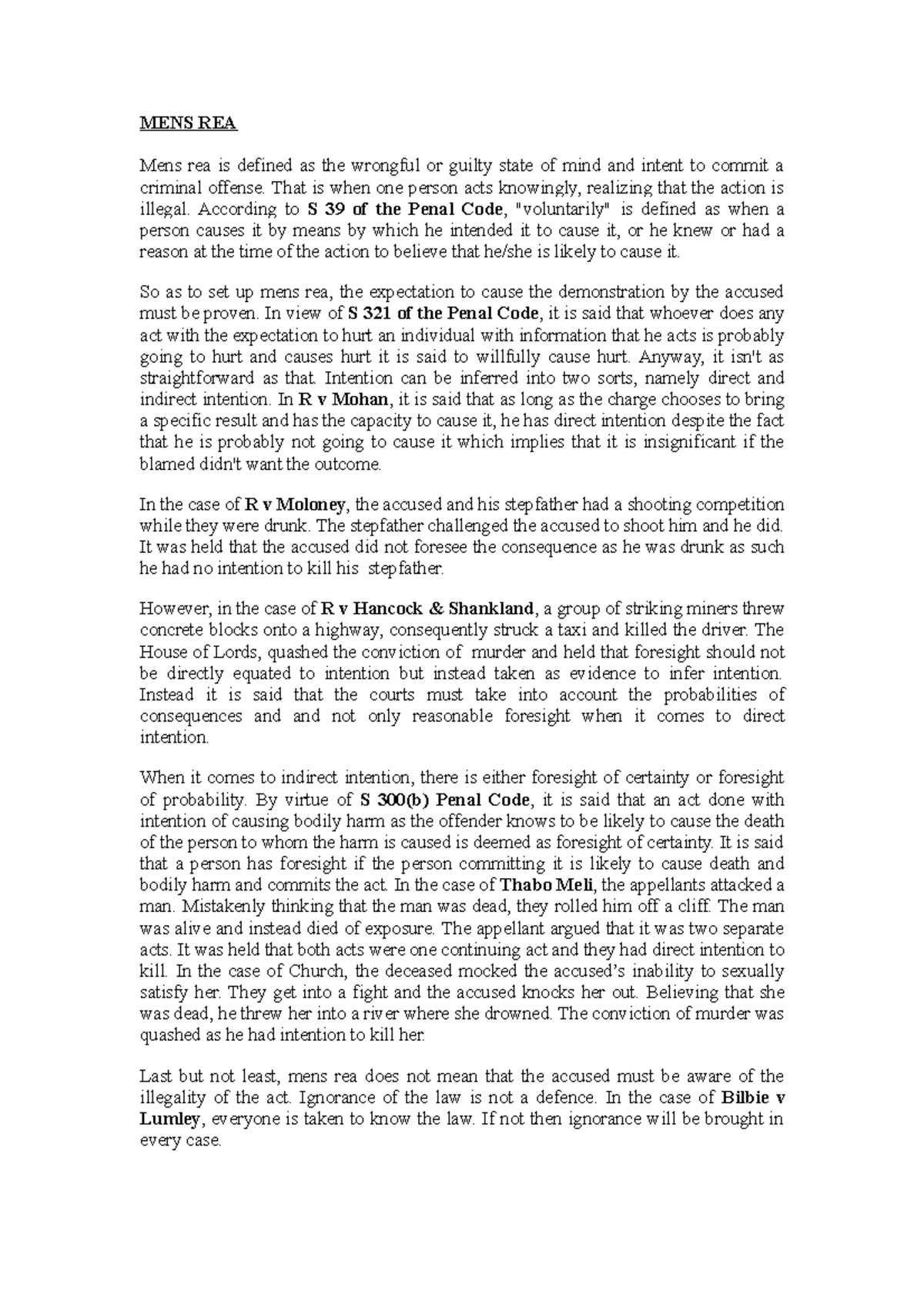 Mens Rea - MENS REA Mens rea is defined as the wrongful or guilty state ...