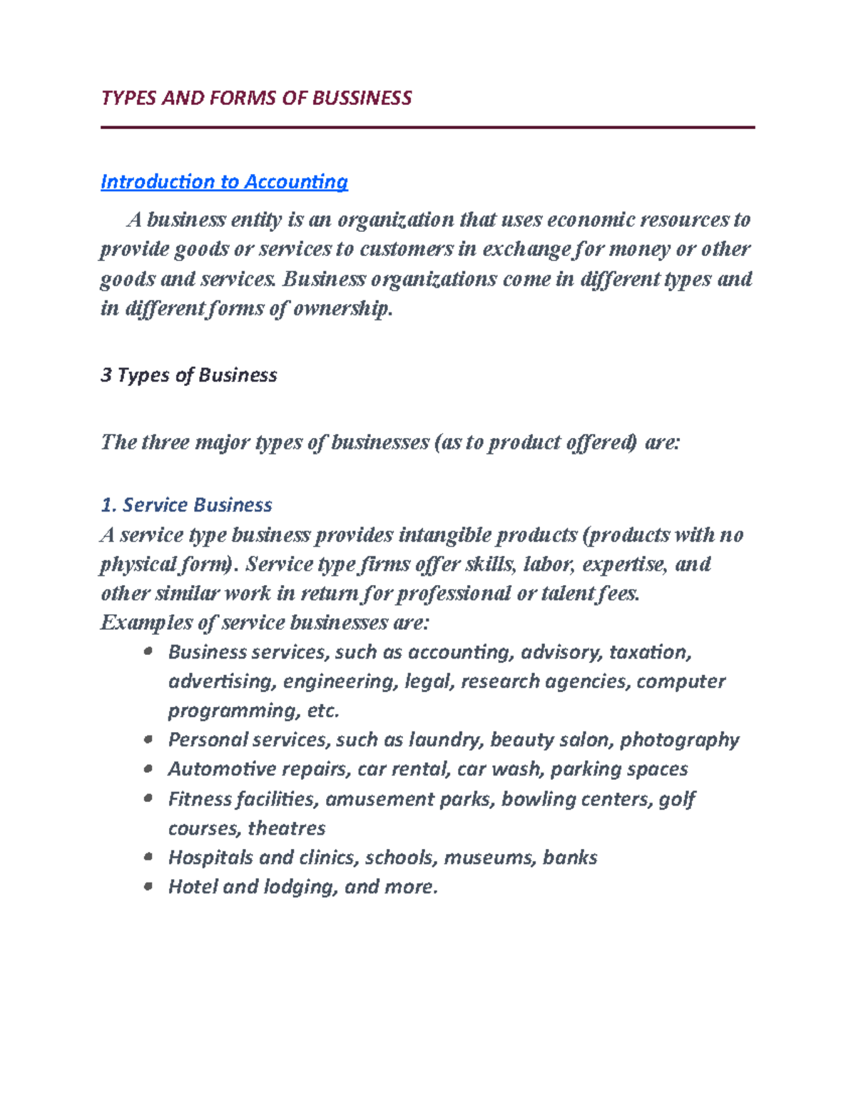 Types of bussiness - TYPES AND FORMS OF BUSSINESS Introduction to ...