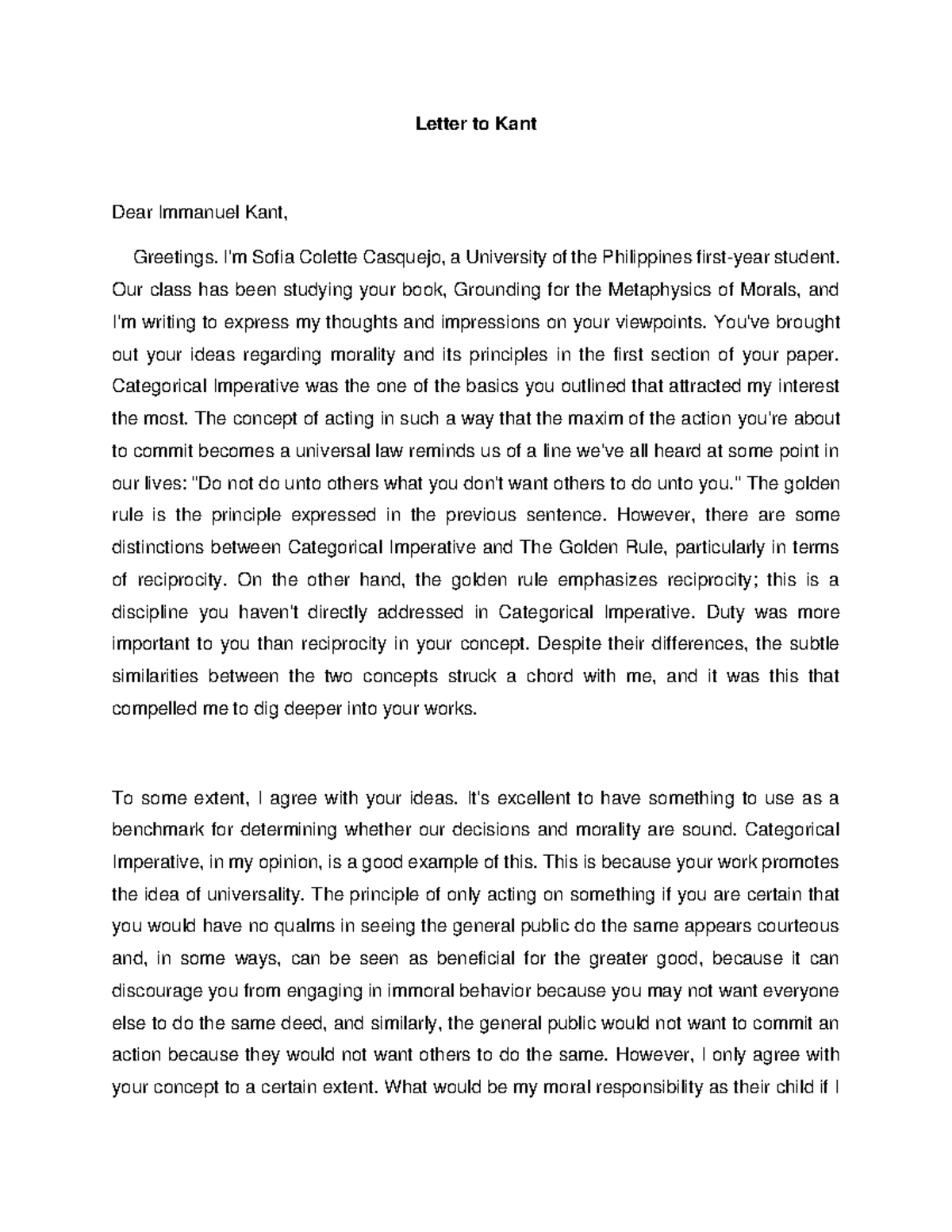 Letter to Kant according to his ideas - Letter to Kant Dear Immanuel ...