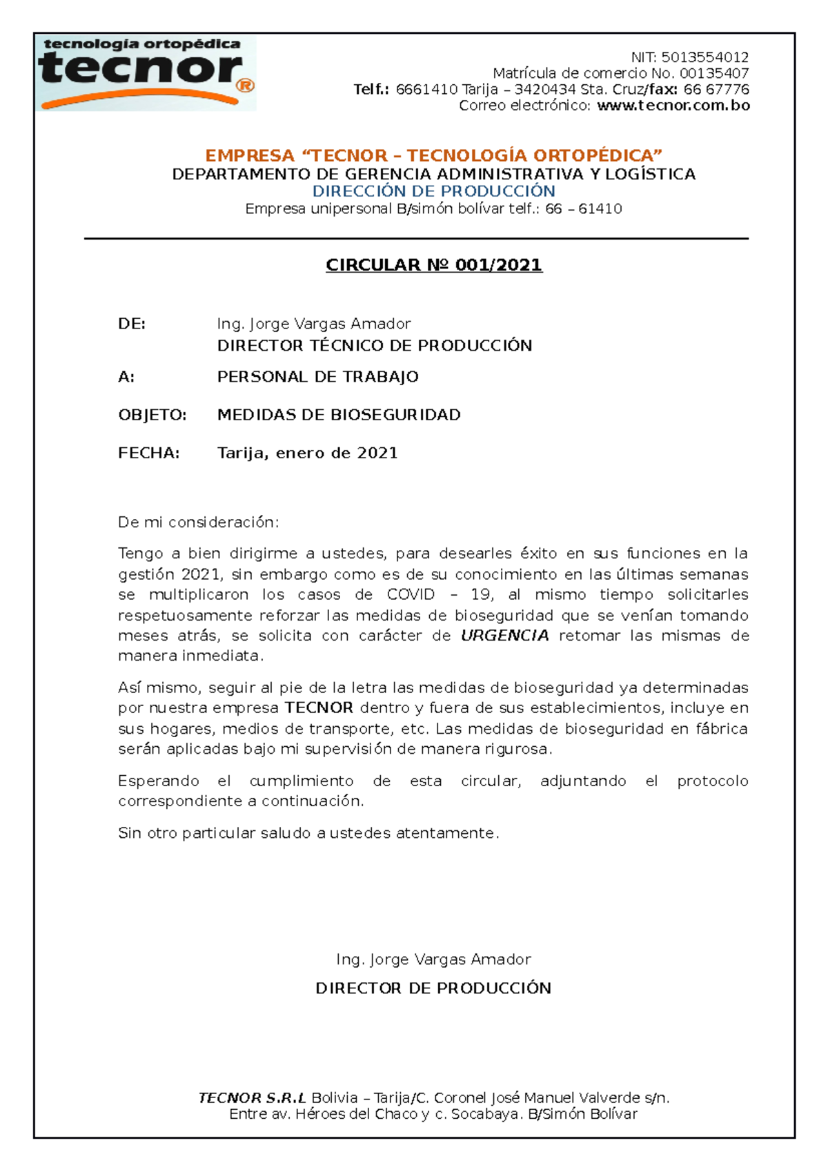 Circular 001 - Aviso - NIT: 5013554012 Matrícula de comercio No ...