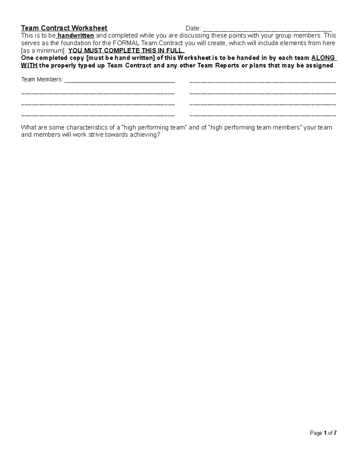 Team Contract Work Sheet - Team Contract Worksheet Date