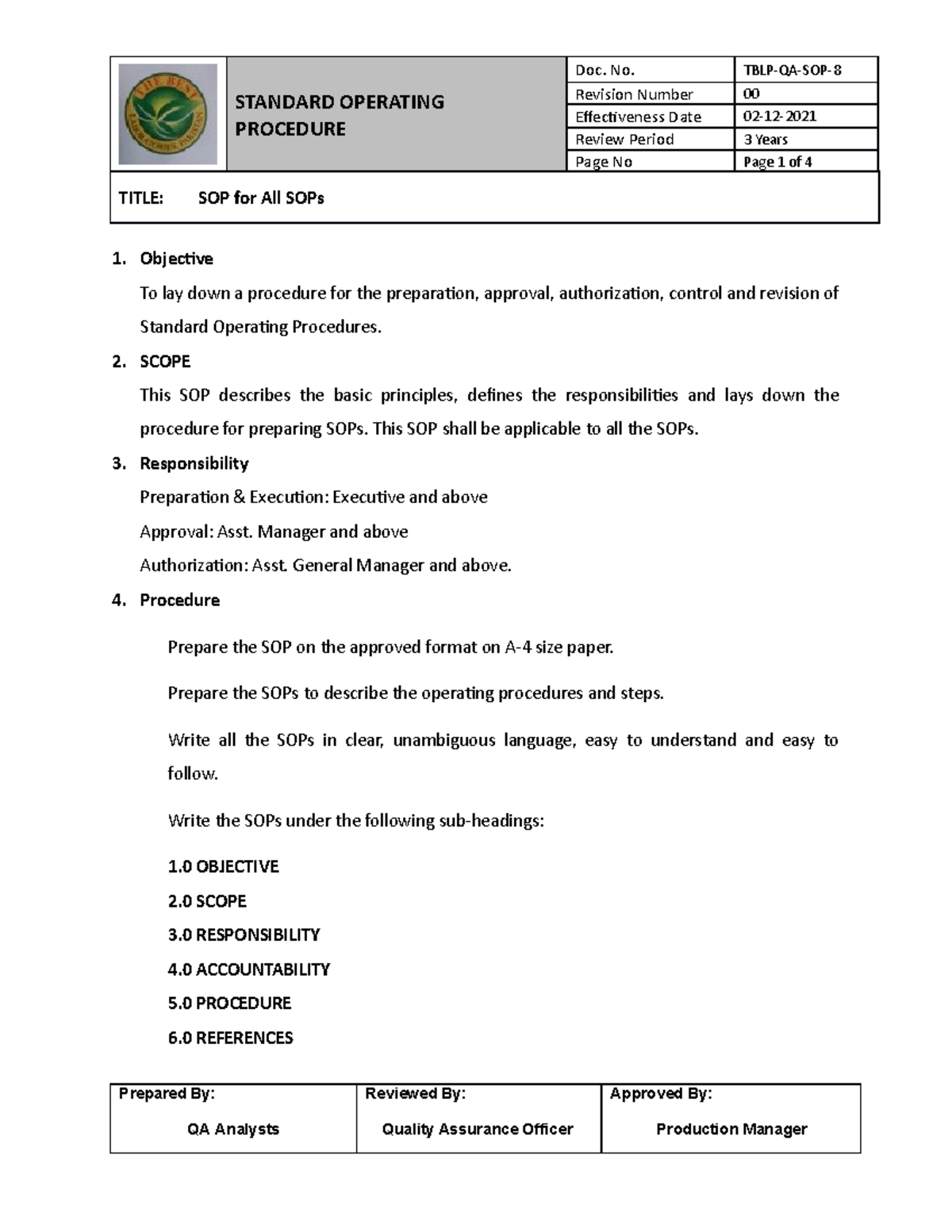 SOP for Training - STANDARD OPERATING PROCEDURE Revision Number 00 ...