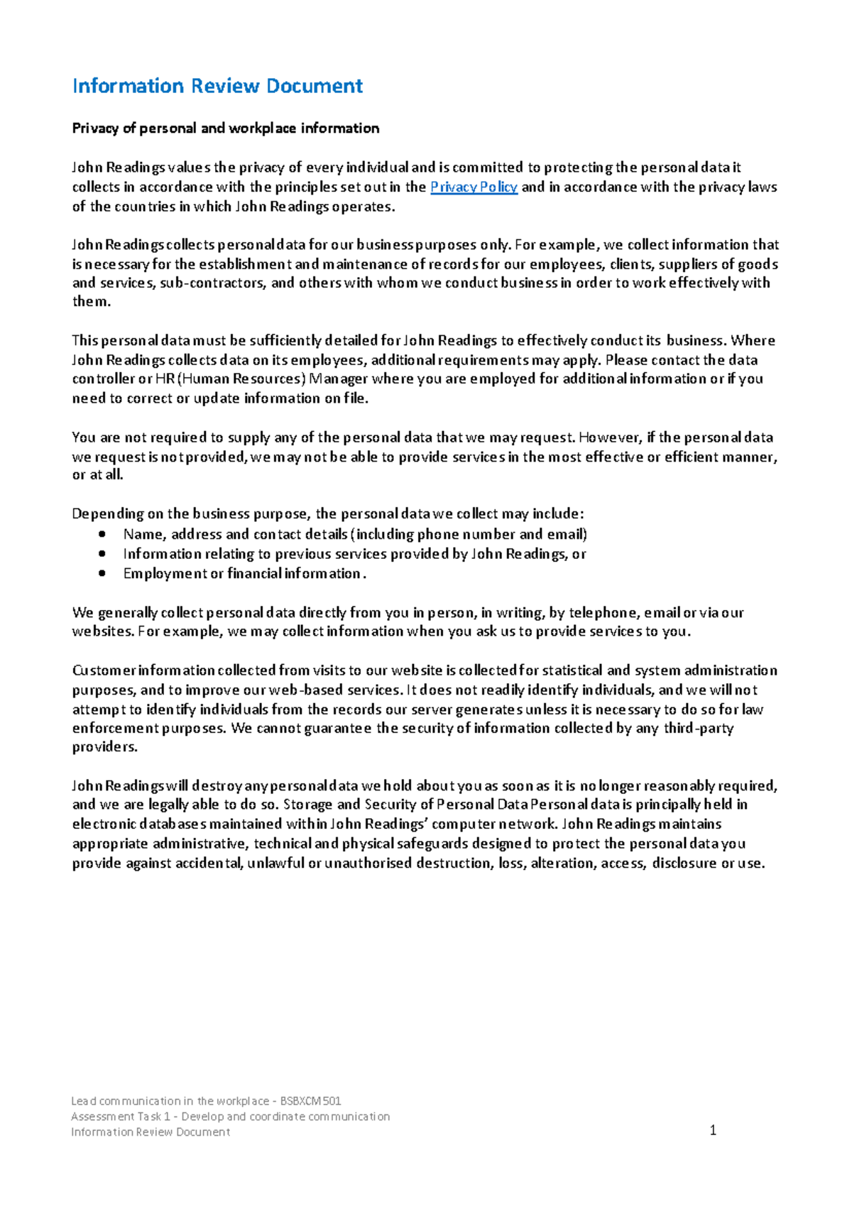 Lead communication in the workplace - BSBXCM501 - Assessment Task 1 ...