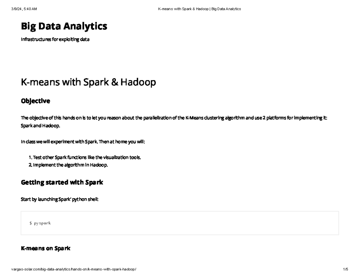 K-means with Spark & Hadoop Big Data Analytics - Big Data Analytics Infrastructures for ...