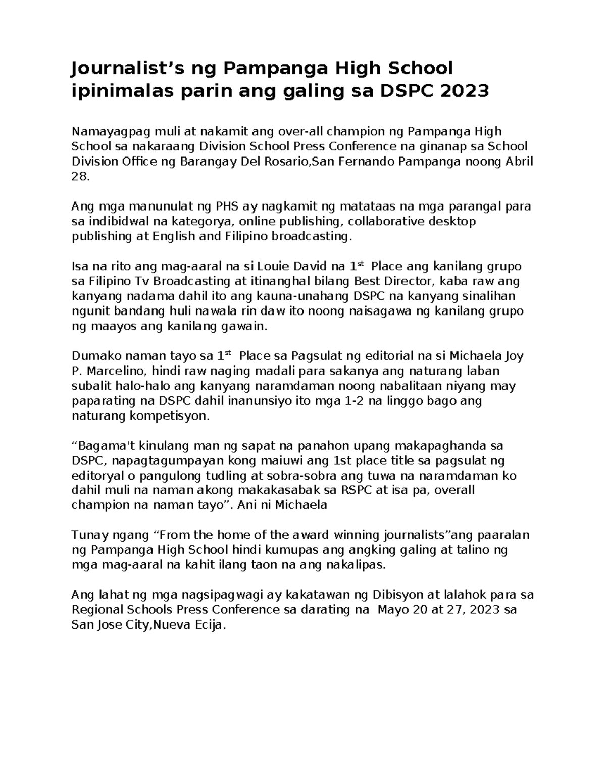 DSPC 2023 - Journalist’s ng Pampanga High School ipinimalas parin ang ...