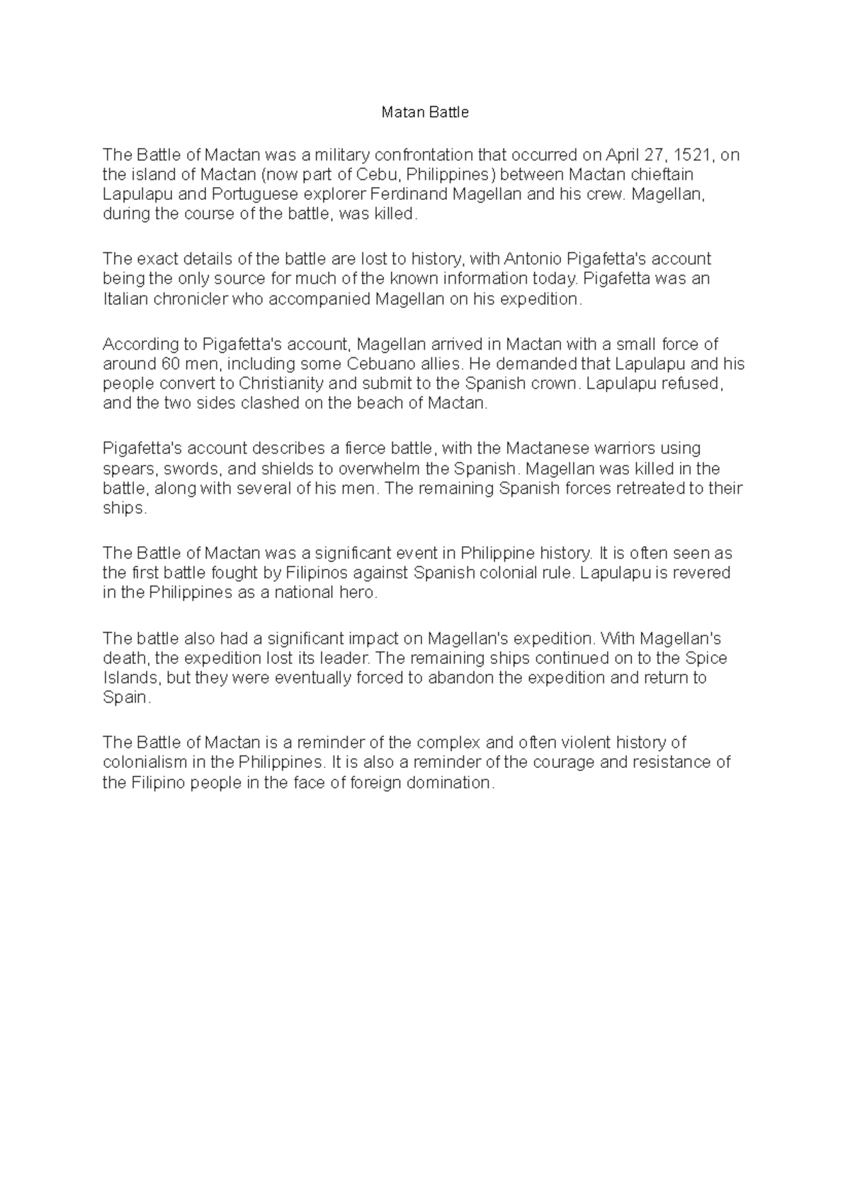 mactan Battle - magellan vs. Lapu lapu - Matan Battle The Battle of ...