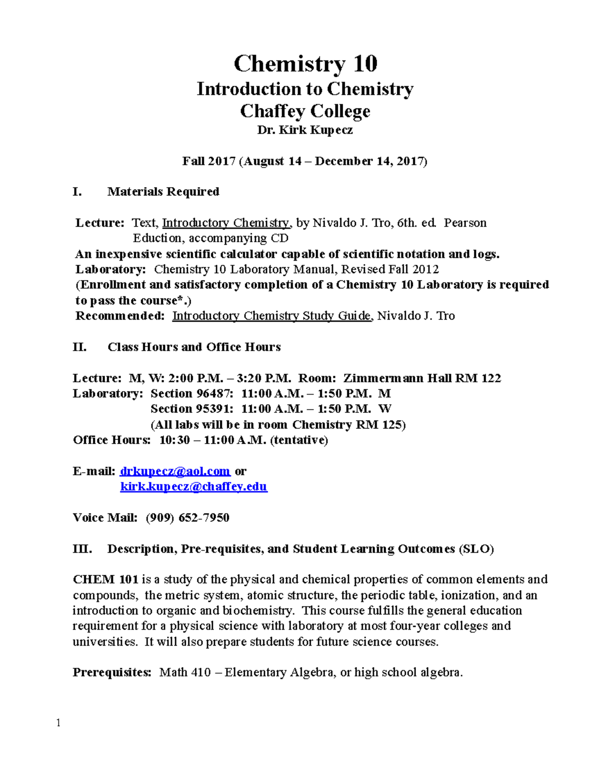 Chemistry 10 Syllabus Fall 2017 - Chemistry 10 Introduction to Chemistry Chaffey College Dr ...