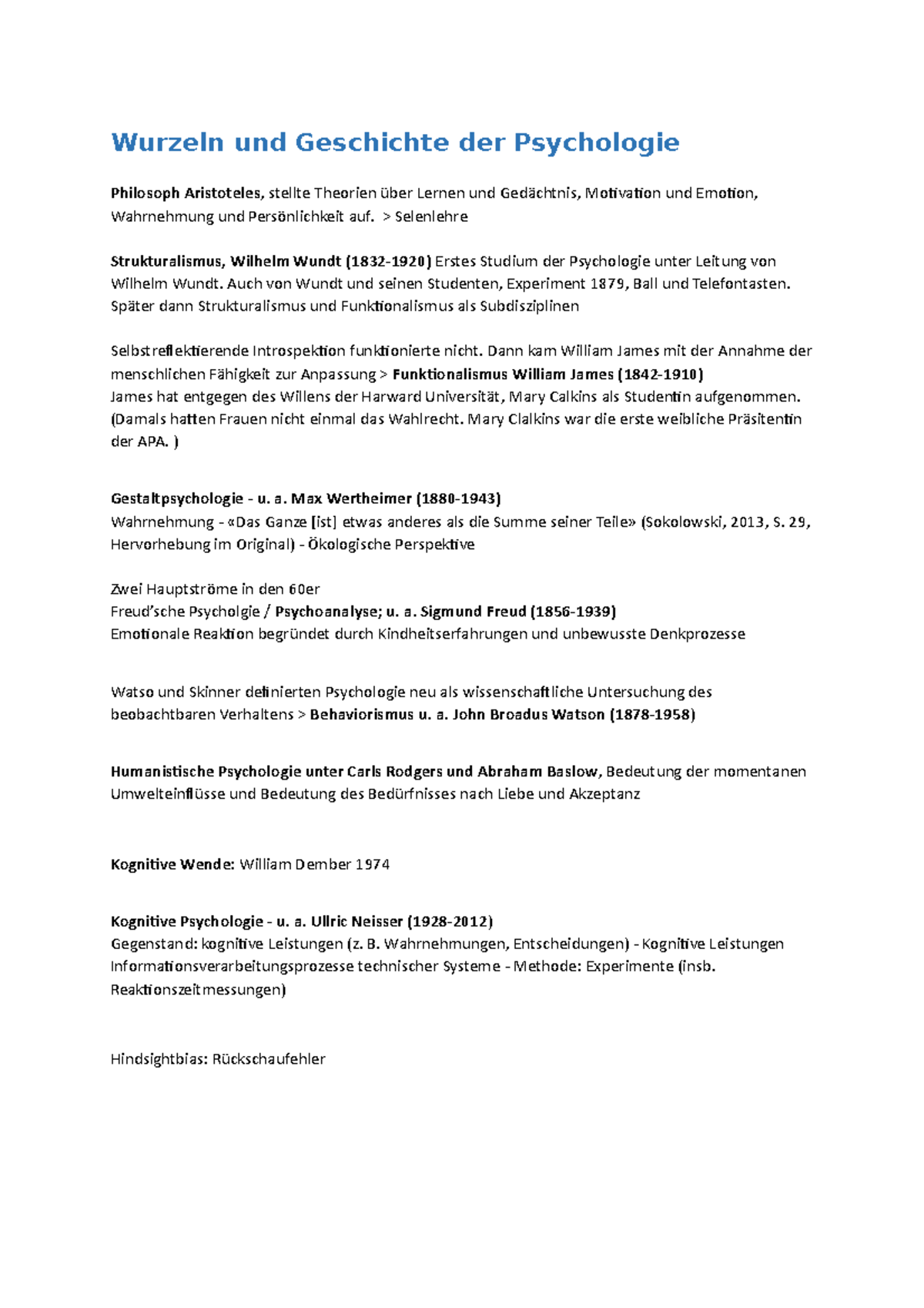 Allgemeine Psychologie 2_Zusammenfassung der Vorlesungen - Wurzeln und Geschichte der ...