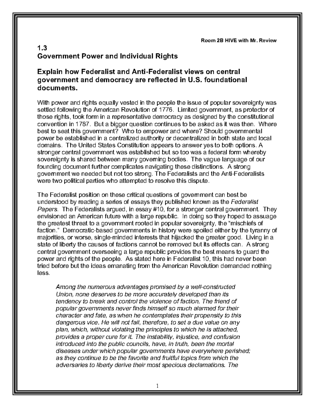 Text1 - Notes for each section - 1 Room 2B HIVE with Mr. Review 1 ...