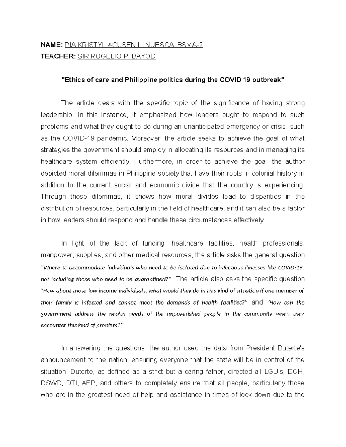 Public Health Ethics - Article Review 1 - NAME: PIA KRISTYL ACUSEN L ...
