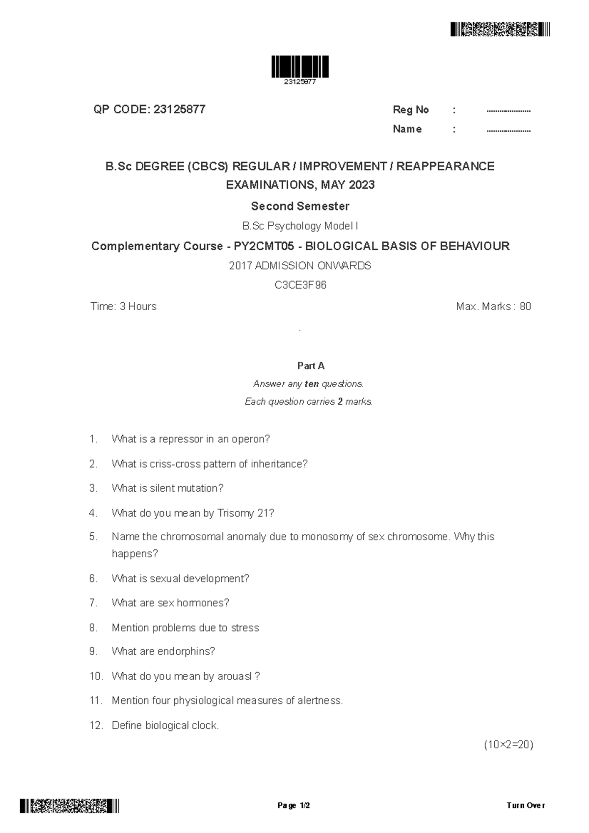 PS2BBB 2023 MAY BIOlogica basis OF Behaviour - QP CODE: 23125877 Reg No ...