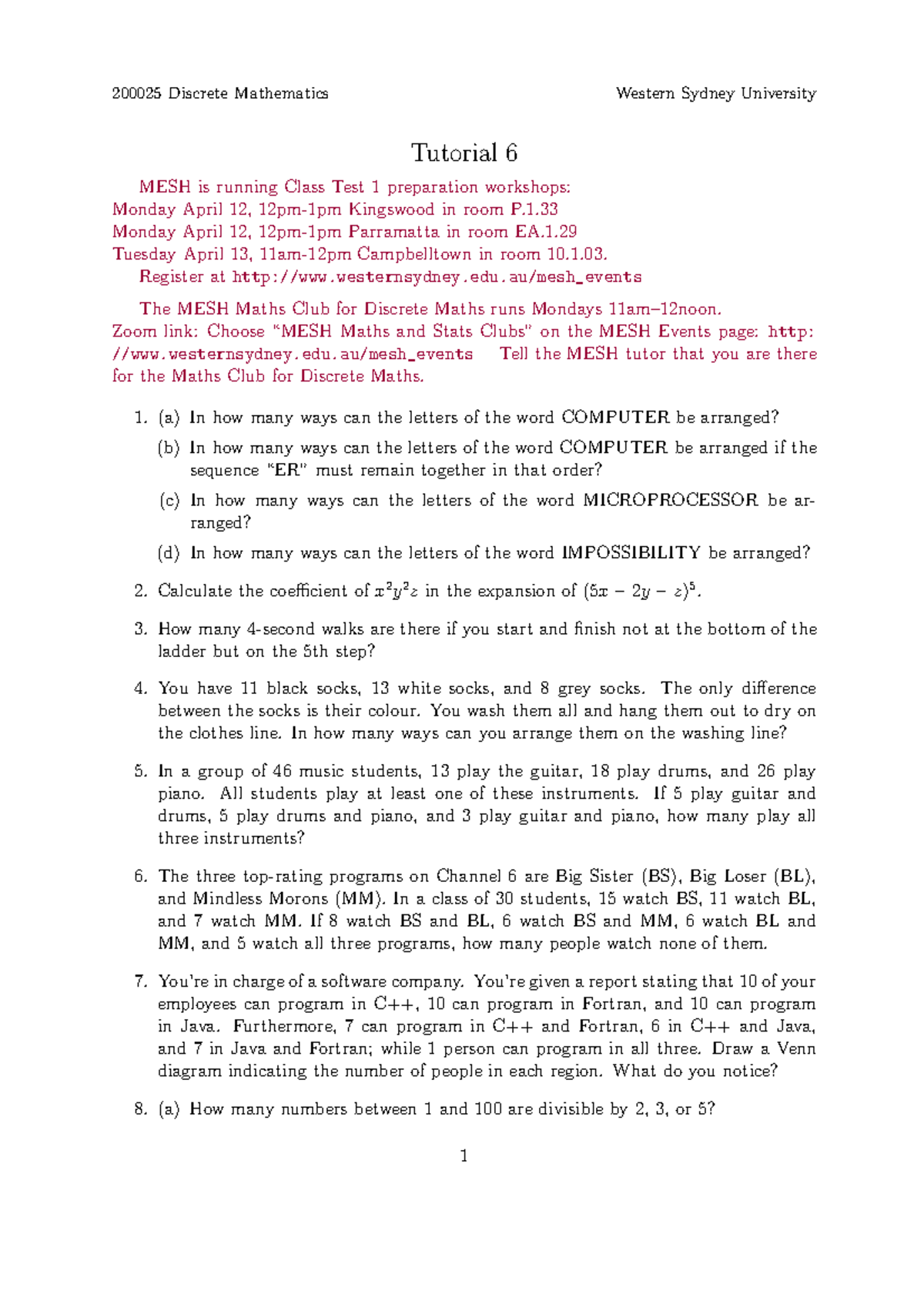 DM tutorial 6 - 200025 Discrete Mathematics Western Sydney University Tutorial 6 MESH is running ...