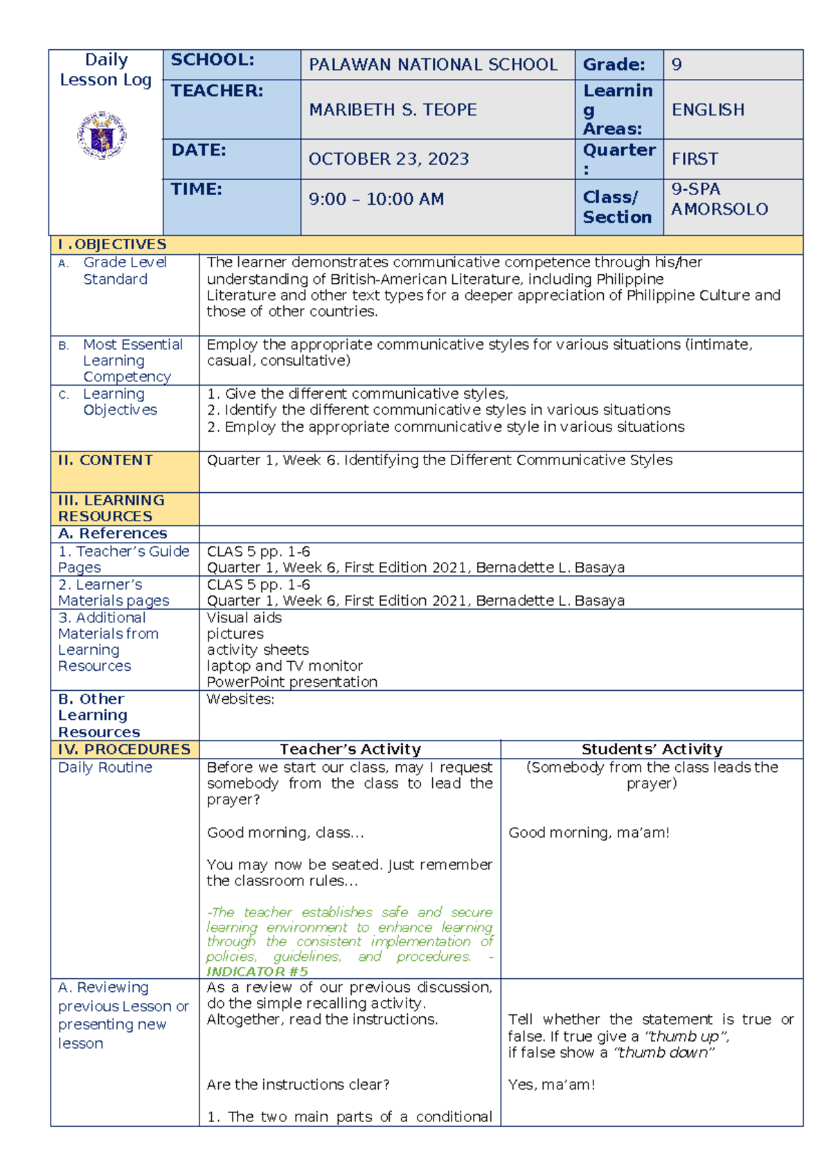 COT1 - lesson plan - Daily Lesson Log SCHOOL: PALAWAN NATIONAL SCHOOL ...
