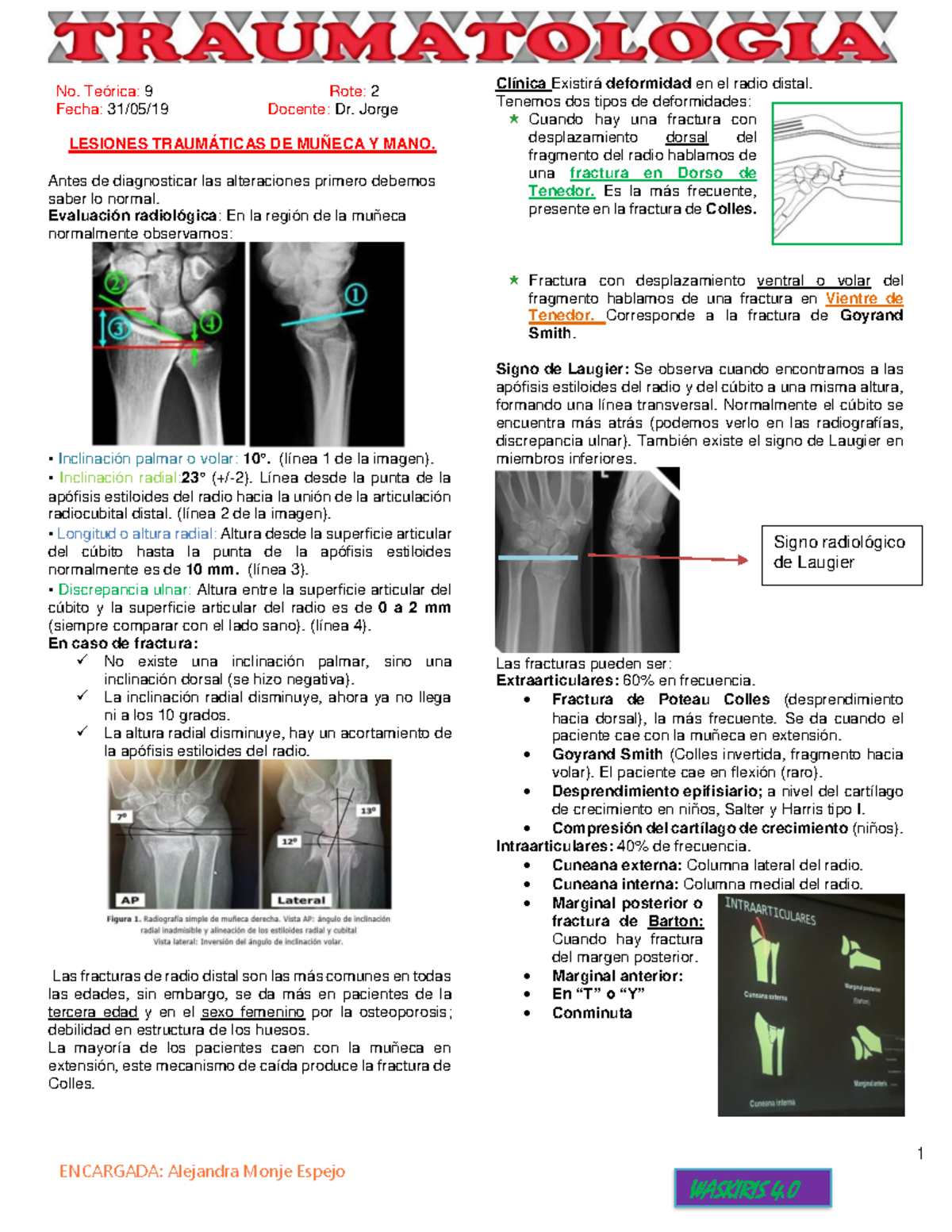 1R 009 TRT Muñeca Y MANO Lesiones Traumaticas - 1 ENCARGADA: Alejandra ...
