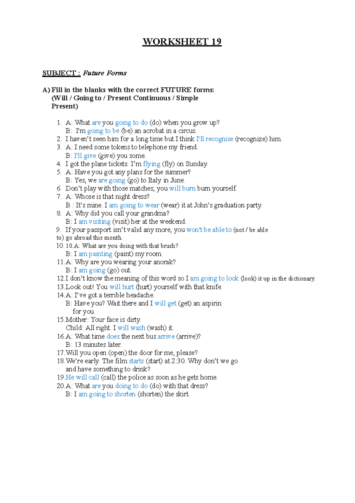 Worksheet 19 - WORKSHEET 19 SUBJECT : Future Forms A)Fill in the blanks ...