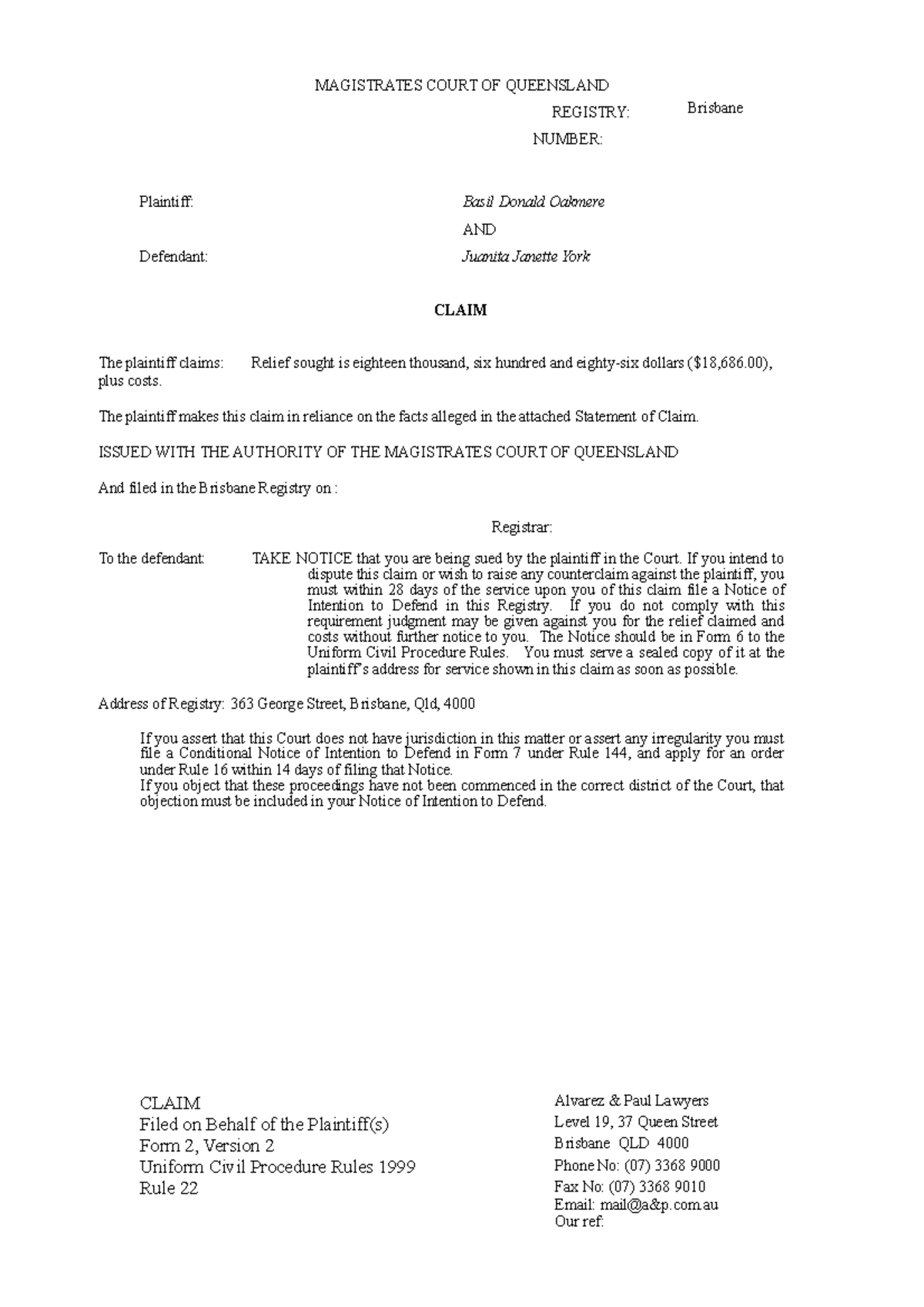 Part 6 - Claim 1 - asdfgh - MAGISTRATES COURT OF QUEENSLAND REGISTRY ...