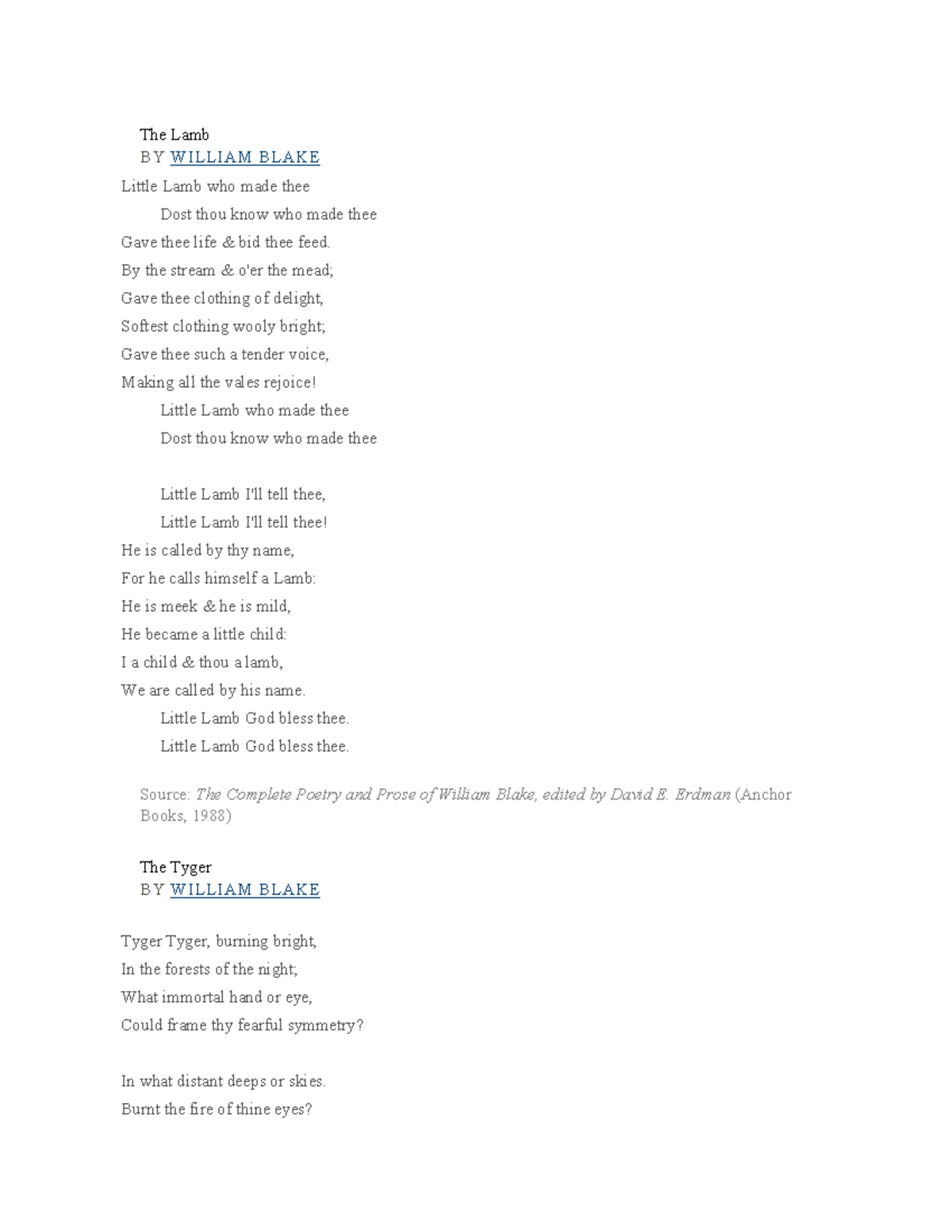 Blake Lamb-Tyger - Black lamb and tiger - The Lamb BY WILLIAM BLAKE ...