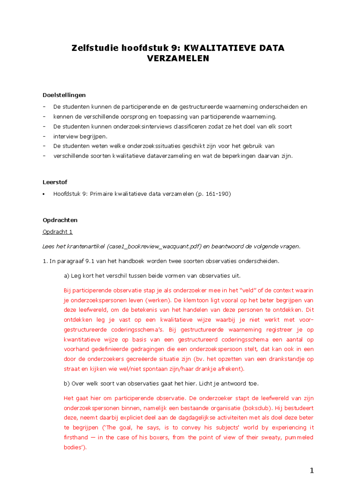 Zelfstudie Hoofdstuk 9 - Kwalitatieve data verzamelen opdrachten en ...