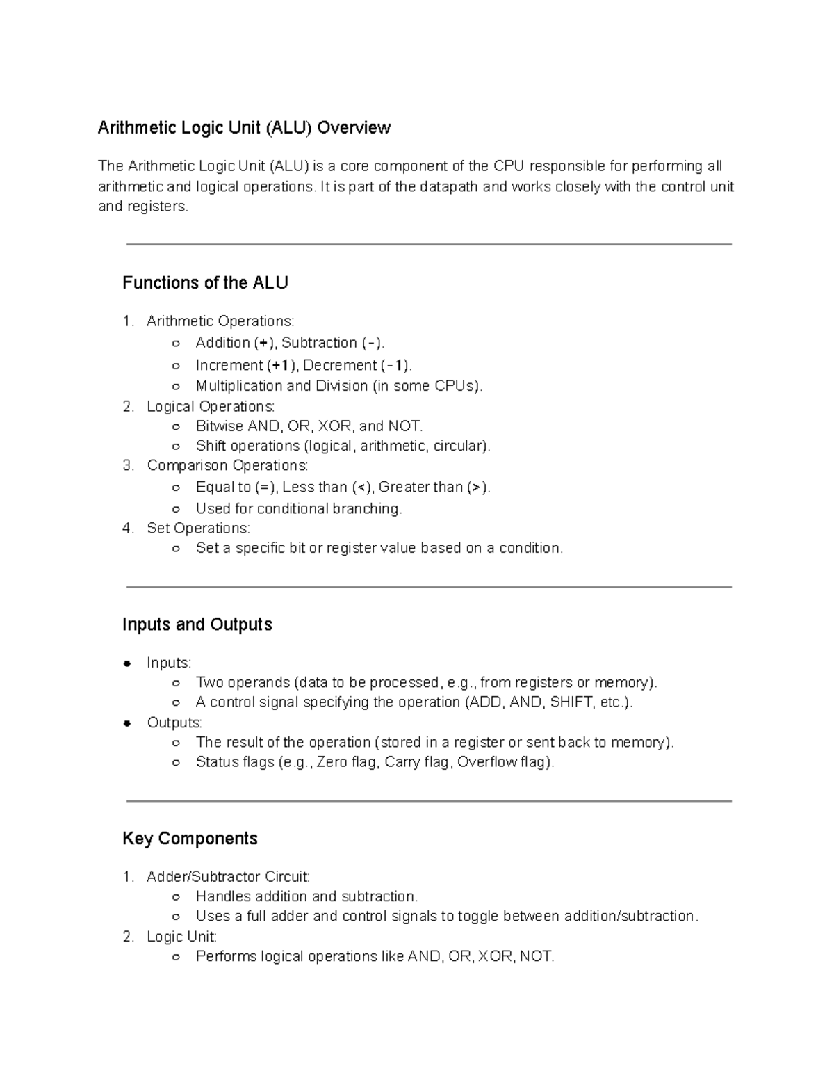ALUOverview - summary - Arithmetic Logic Unit (ALU) Overview The ...