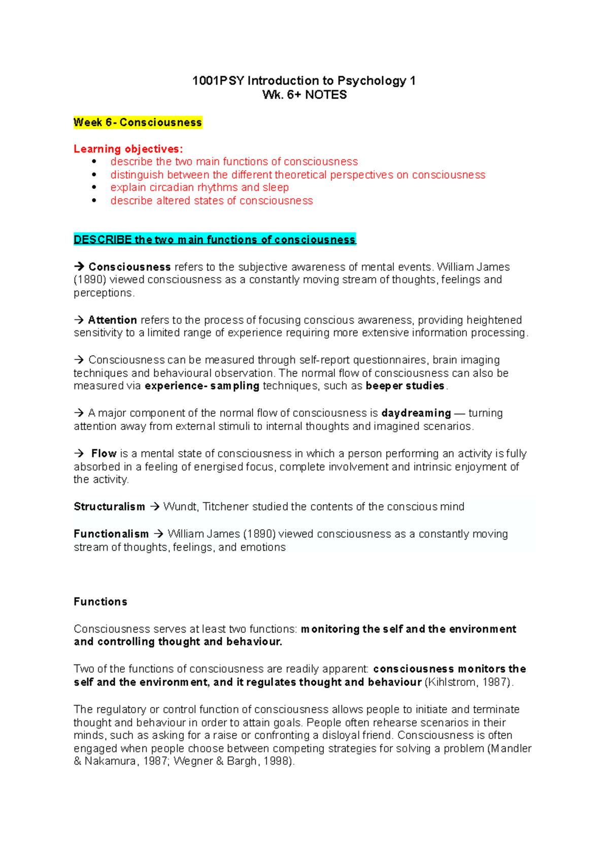 1001PSY Wk. 6+ Introduction to Psychology 1 Notes - 1001PSY ...
