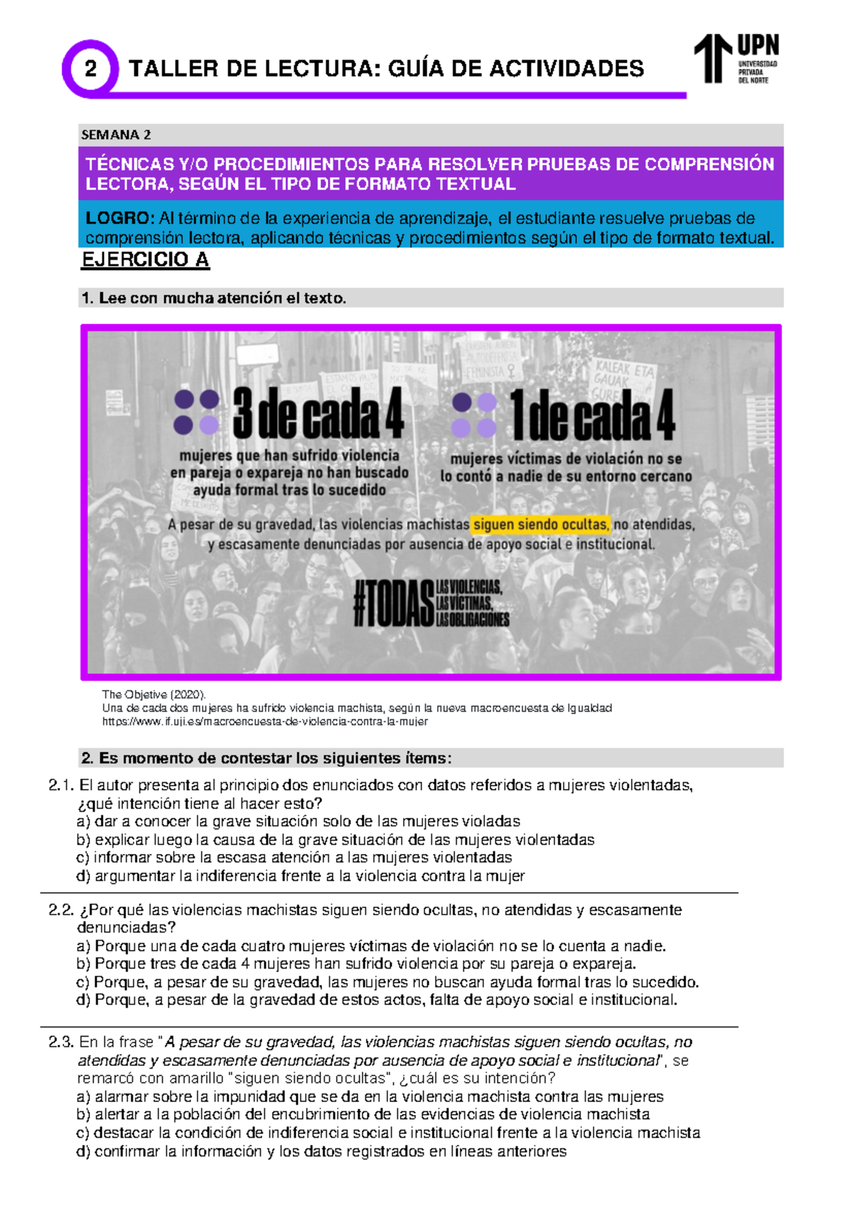 SEM 2 Guía de actividades de lectura - 2 TALLER DE LECTURA: GUÍA DE ...