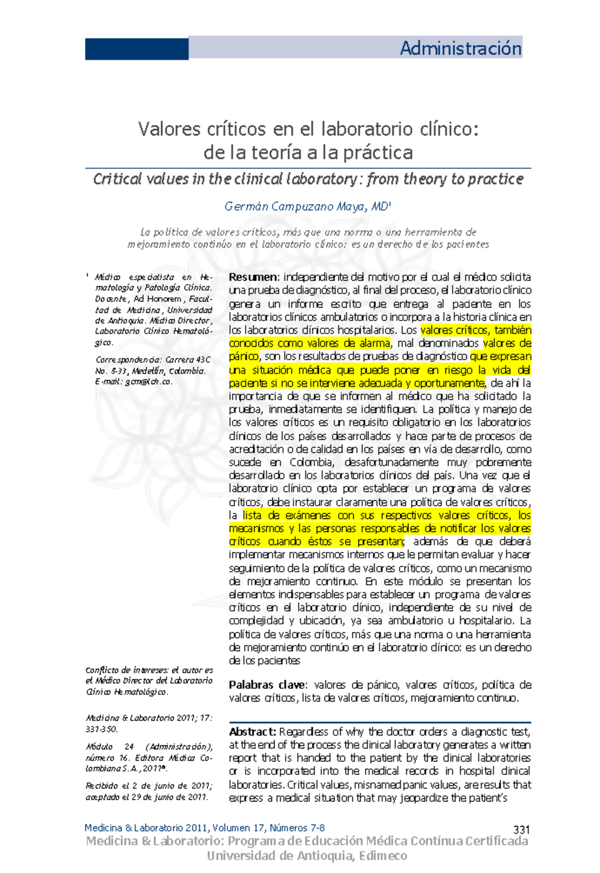 Valores críticos - Medicina & Laboratorio 2011, Volumen 17, Números 7 ...