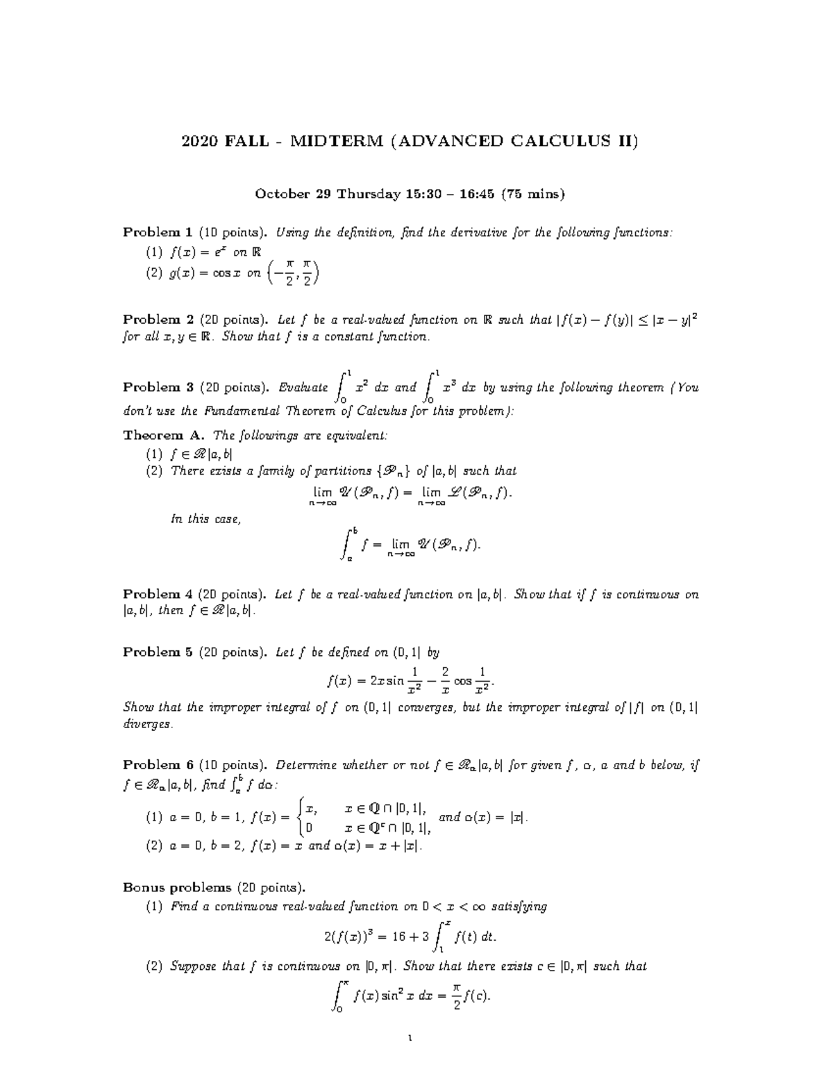 시험 10월 2020, 질문 및 답변 - 2020 FALL - MIDTERM (ADVANCED CALCULUS II ...