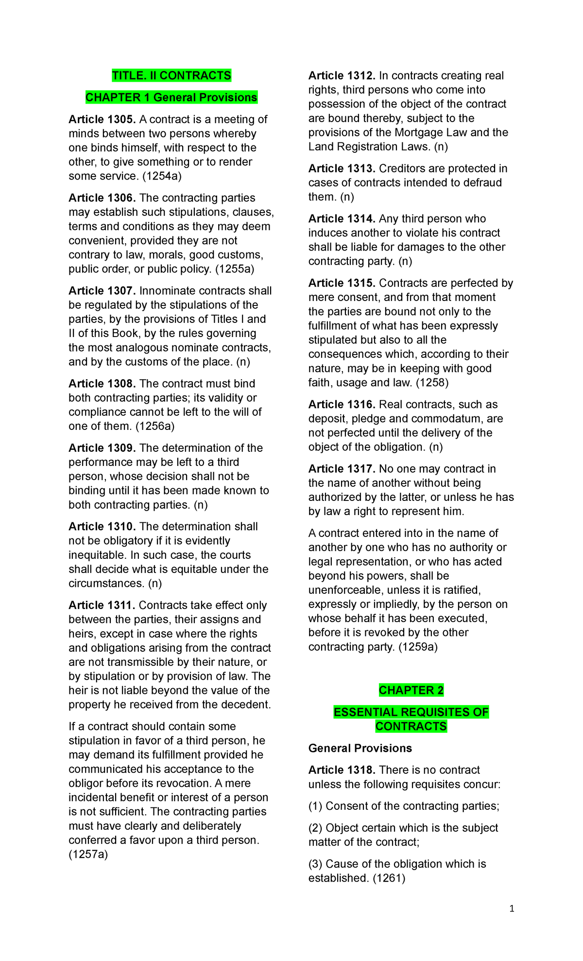 Contracts codal - TITLE. II CONTRACTS CHAPTER 1 General Provisions Article 1305. A contract is a ...