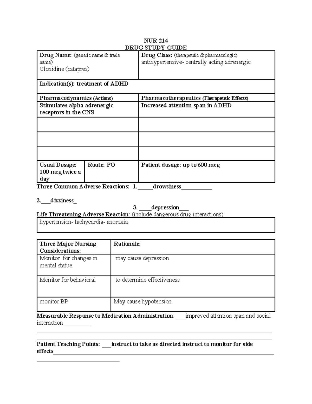 Catapres - drug card - NUR 214 DRUG STUDY GUIDE Drug Name: (generic ...