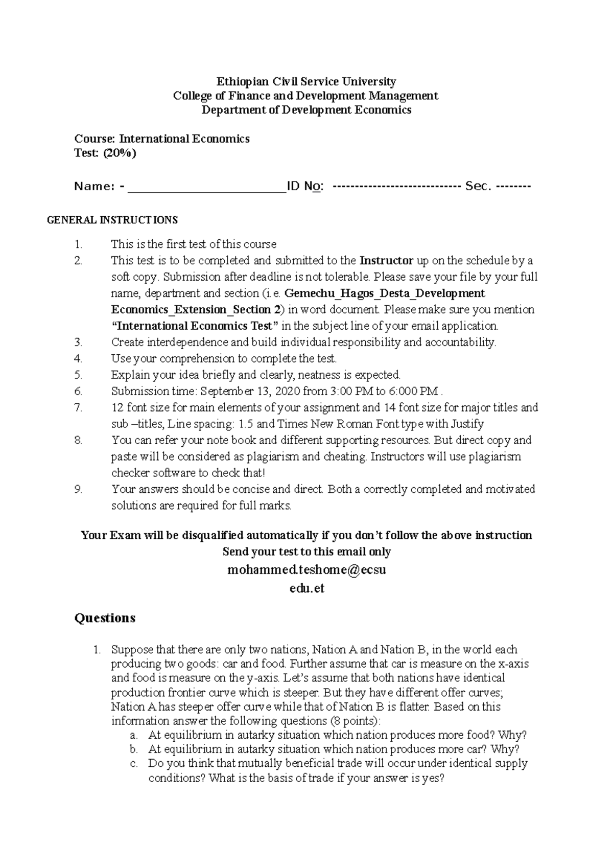 International Economics Test - Ethiopian Civil Service University ...