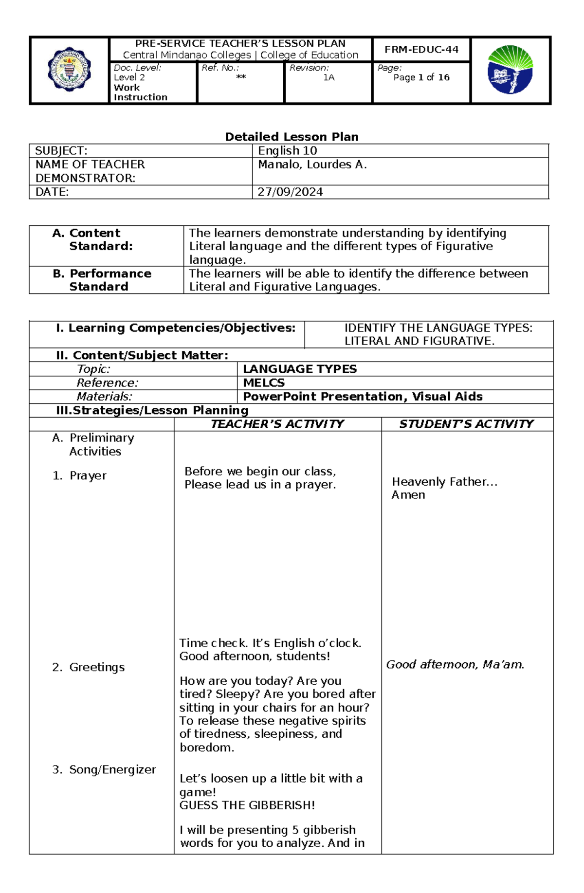 Grade 10 week 1 Dlp - PRE-SERVICE TEACHER’S LESSON PLAN Central ...