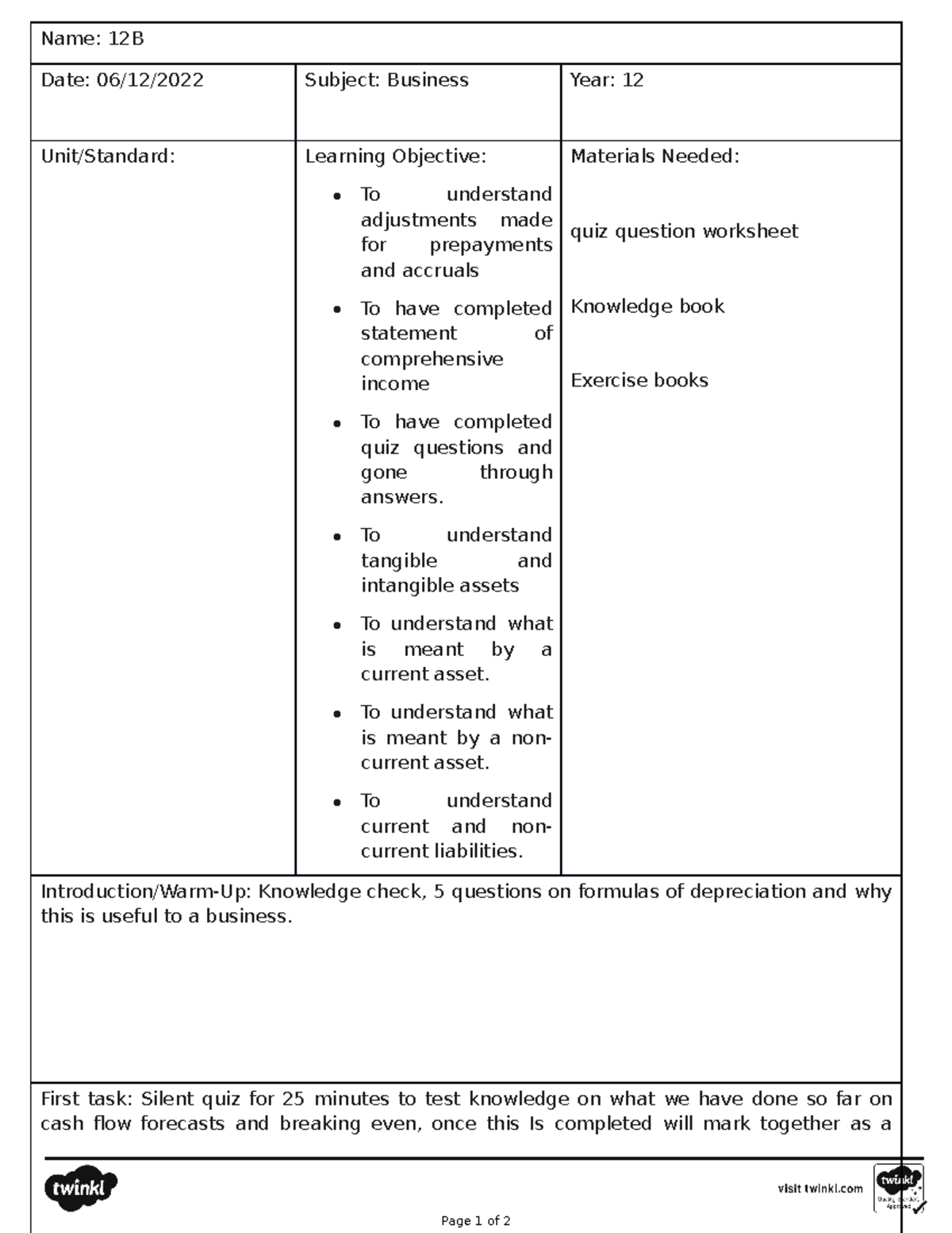 Lesosn plan 12b - Coursework - Name: 12B Date: 06/12/2022 Subject ...