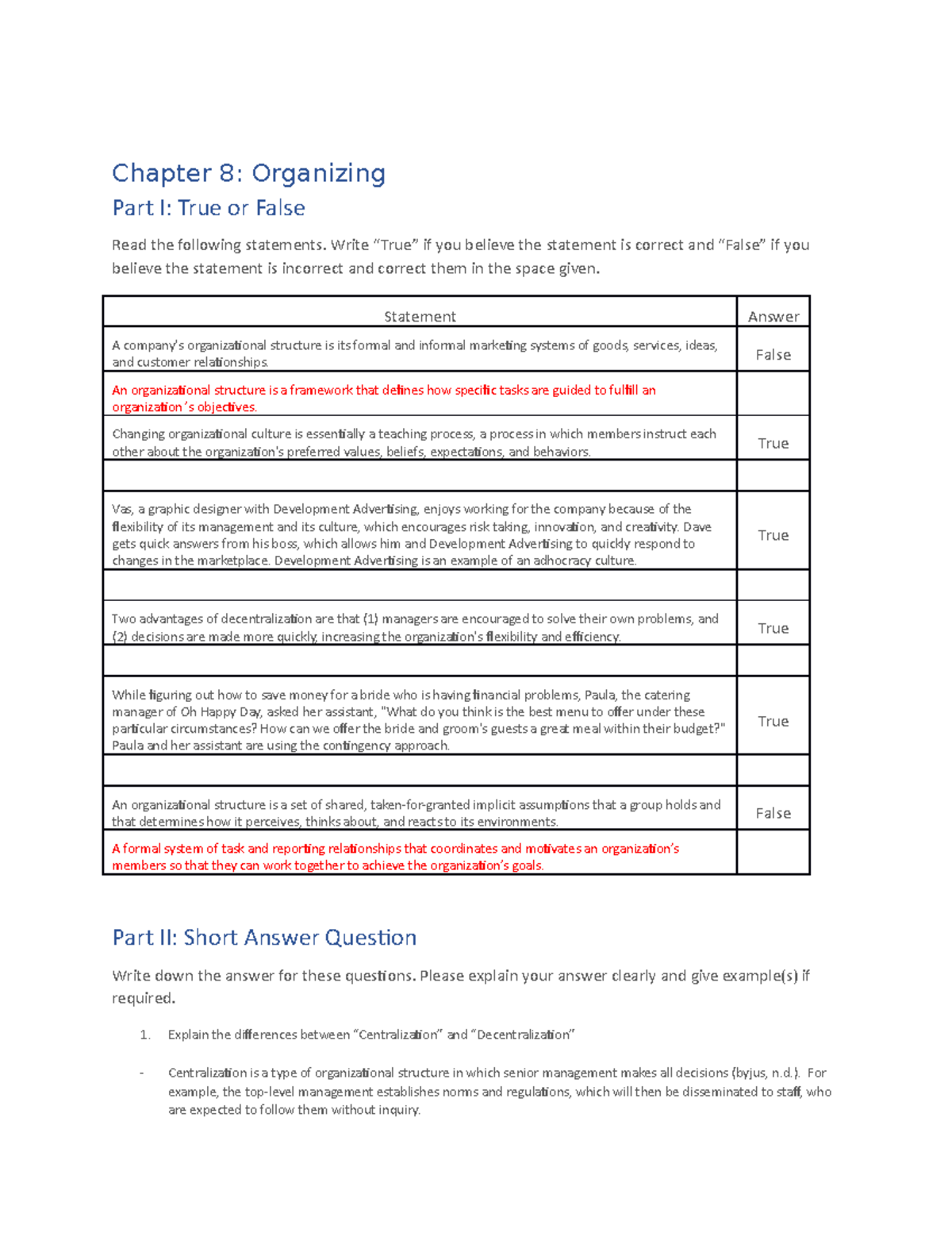Chapter 8 - Assignment for bus 206 at STIU - Chapter 8: Organizing Part ...