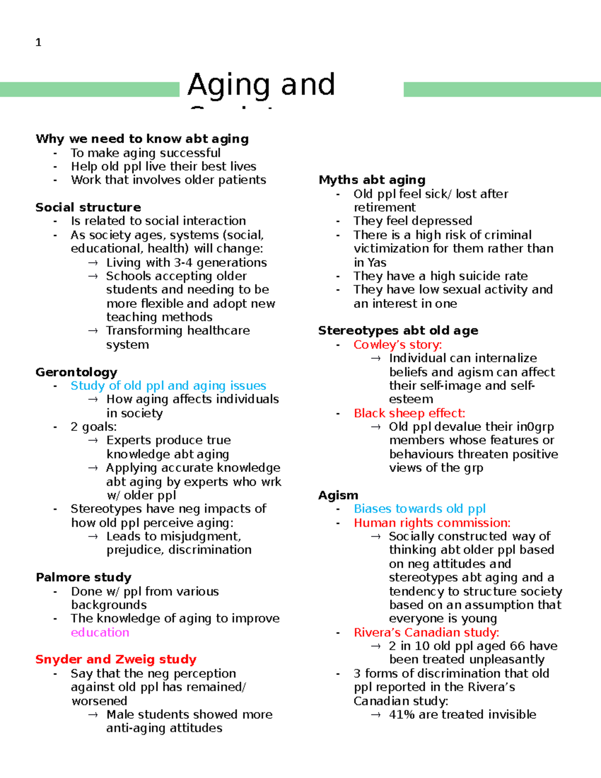 1. Aging and Society - 1 Why we need to know abt aging - To make aging ...
