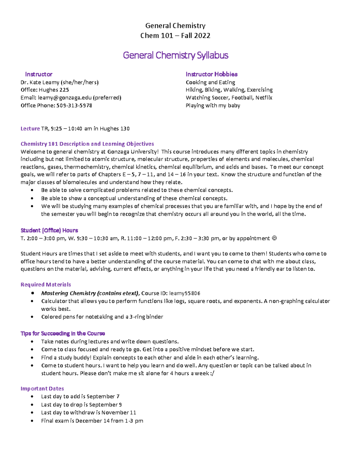 CHEM 101 syllabus - General Chemistry Chem 101 – Fall 2022 General Chemistry Syllabus Instructor ...